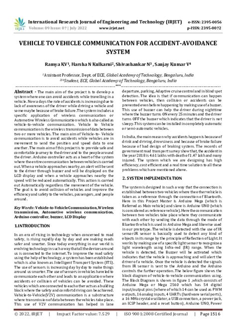 Pdf Vehicle To Vehicle Communication For Accident Avoidance System