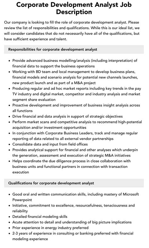Corporate Development Analyst Job Description Velvet Jobs