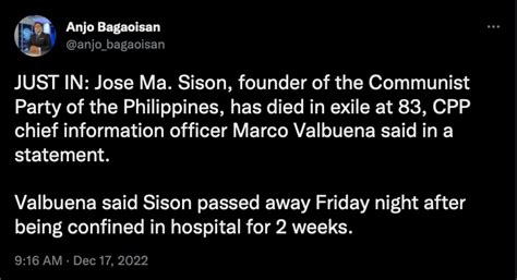 Founder Of Cpp Jose Ma Sison Passed Away At 83 R Philippines