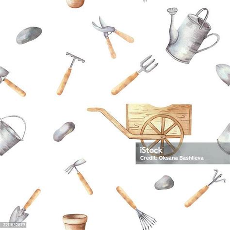 정원 도구 수레 갈퀴 삽 물뿌리개 묘목용 화분과 완벽한 패턴 흰색 배경에 수채화 그림입니다 인쇄 포장지 상점 생태학을 위해 가위에 대한 스톡 벡터 아트 및 기타 이미지