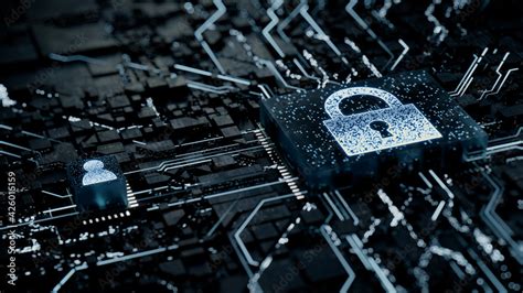 Security Technology Concept With Lock Symbol On A Microchip White Neon Data Flows Between The