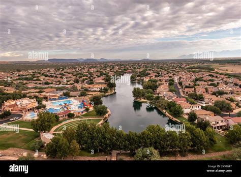 Drone View Of Rancho Sahuarita And Sahuarita Lake In Arizona Stock