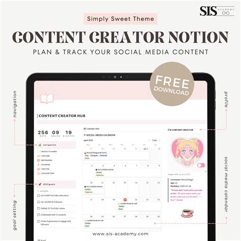 Free Content Creator Notion Template Simply Sweet Theme Social