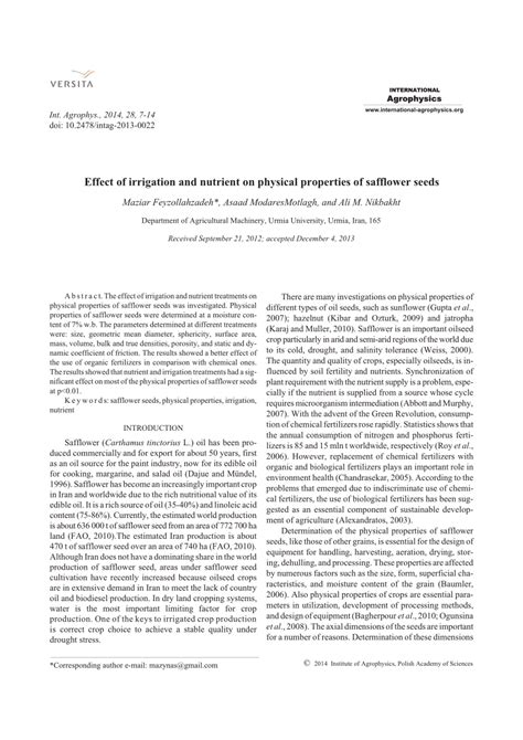 Pdf Effect Of Irrigation And Nutrient On Physical Properties Of Safflower