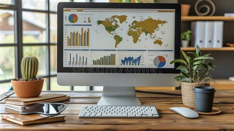 home office desk with data analysis on computer screen stock