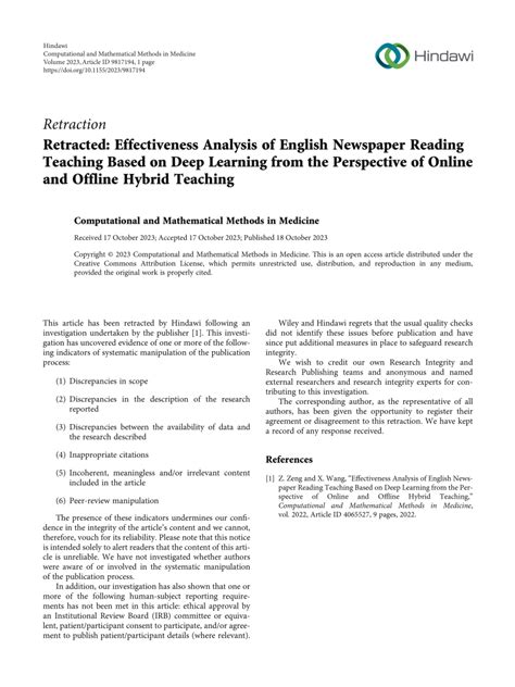 PDF Retracted Effectiveness Analysis Of English Newspaper Reading Teaching Based On Deep