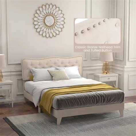 Double Size Bed Frame Upholstered Platform W Tufted Headboard And Slats