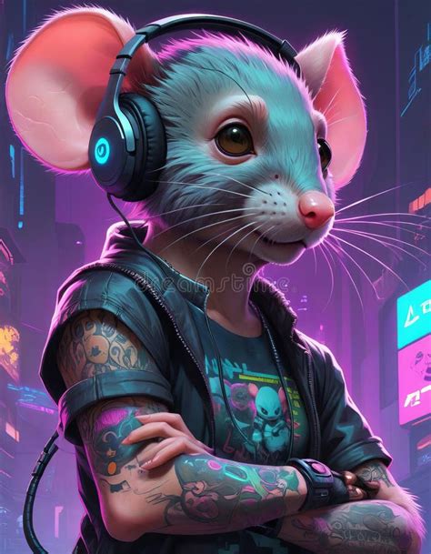 Cyberpunk Mouse Character With Tattooed Arms Stock Illustration