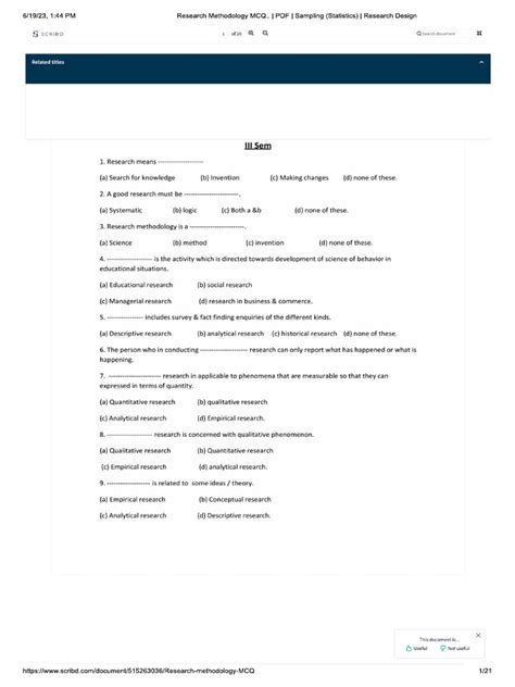 Research Methodology Mcq Pdf Sampling Statistics Research