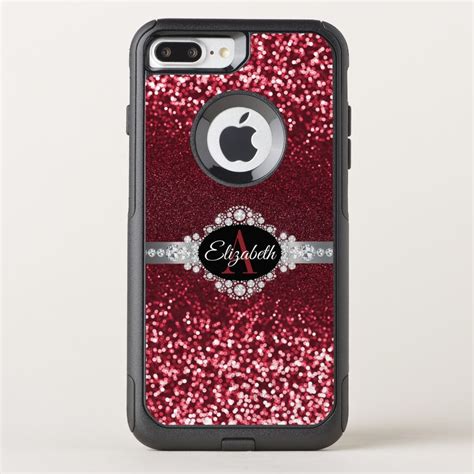 Glam Cranberry Glitter Bokeh Jeweled Monogrammed Otterbox Size