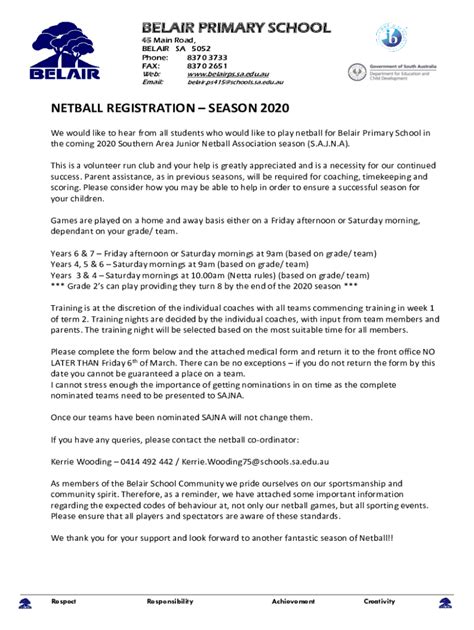 Fillable Online Primary School In Belair South Australia Fax Email