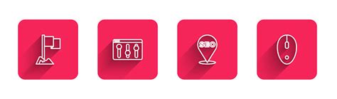 긴 그림자가 있는 줄 위치 마커 브라우저 설정 Seo 최적화 및 컴퓨터 마우스를 설정합니다 빨간색 사각형 버튼입니다 벡터 개념에 대한 스톡 벡터 아트 및 기타 이미지