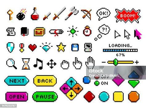 픽셀 게임 요소 나이트 검 로딩 시작 일시 중지 8 비트 게임 아이콘 복고풍 픽셀 디지털 아트 기호 고립 된 커서 폭탄 레벨 심장 깔끔한 벡터 세트 픽셀 아트에 대한 스톡