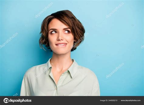 Closeup Photo Of Attractive Lady Short Hairdo Wondered Look Up Empty