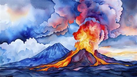 Vibrant Eruption Of Volcano In Dramatic Watercolor Art Style Stock