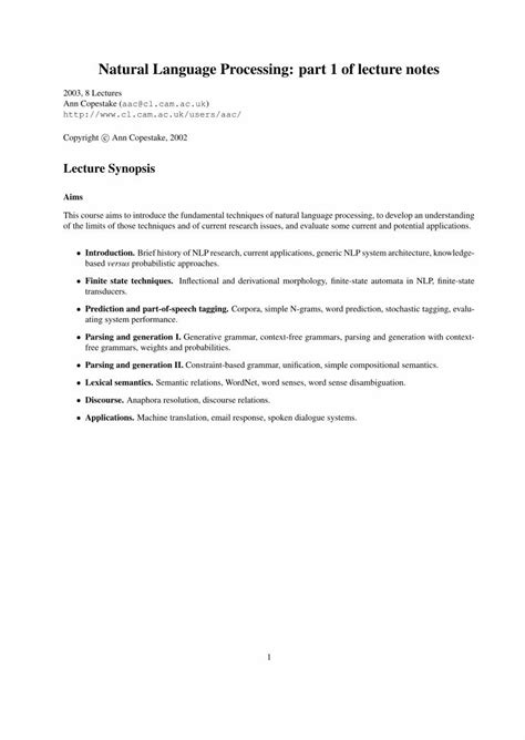 pdf natural language processing part 1 of lecture notes lecture 1 introduction to nlp the