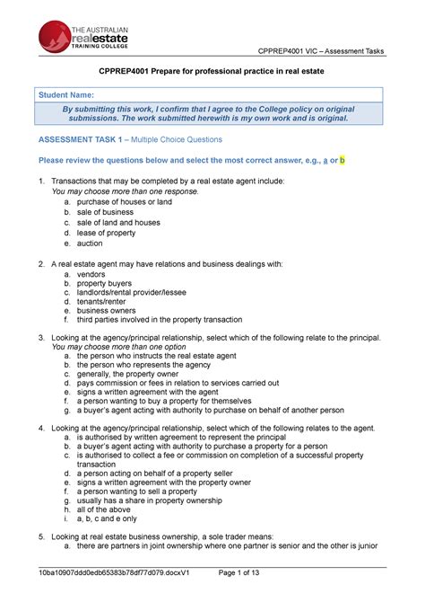 Cpprep 4001 VIC Assessment Tasks V1 CPPREP4001 Prepare For