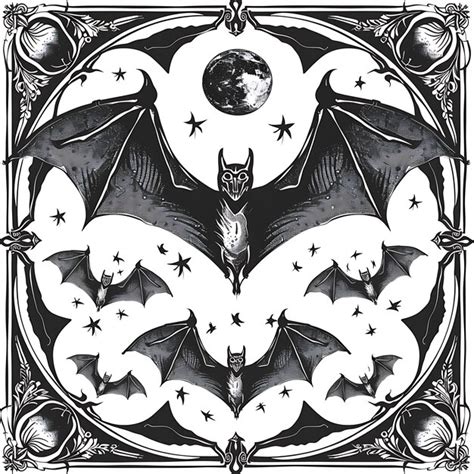 Premium Photo Frame Of Gothic Bat Folk Art With Wing Pattern And Moon