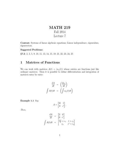 Math219 Lecture 7 Pdf Eigenvalues And Eigenvectors System Of