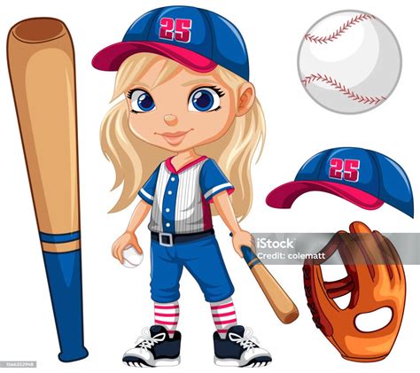 Cute Girl In Baseball Outfit With Baseball Sport Objects Stock Illustration Download Image Now