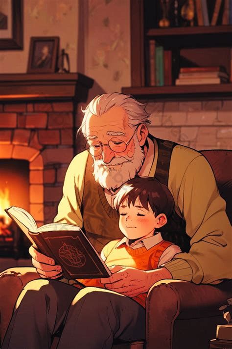 The Anime Grandfather Reading With His Grandson Illustration Psd Free