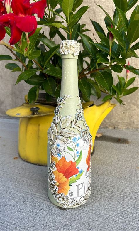 Handcrafted Decoupaged Bottle Floral Decorative Accent Rustic Home