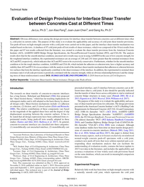 Pdf Evaluation Of Design Provisions For Interface Shear Transfer Between Concretes Cast At