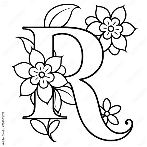 Alphabet R Coloring Page With The Flower R Letter Digital Outline