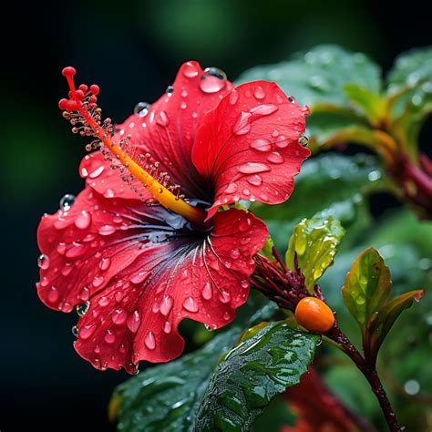 Premium Photo Raindrops On A Vibrant Hibiscus Saturated Colors And