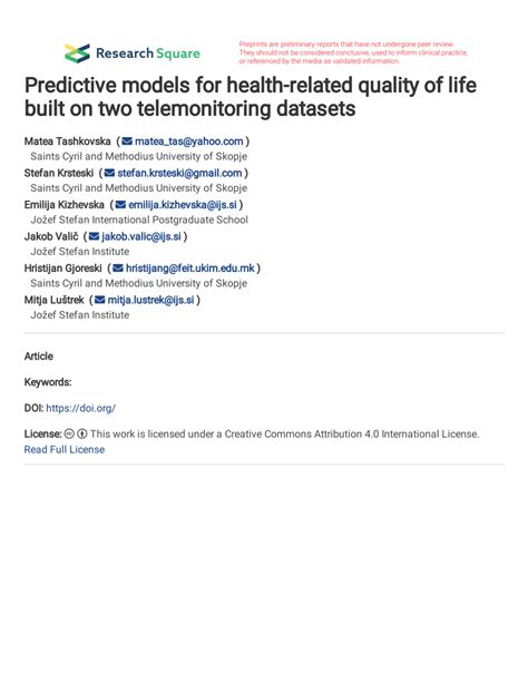 Pdf Predictive Models For Health Related Quality Of Life Built On Two