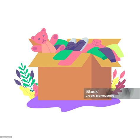 Kotak Kardus Warna Kartun Dengan Konsep Donasi Pakaian Vektor Ilustrasi