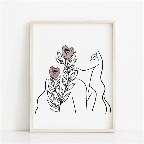 Minimal Line Art Drawing Woman With Roses Flowers Art Print By Utart