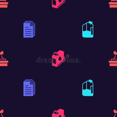 Set Printer Ink Bottle File Document Cartridge And Stamp On Seamless