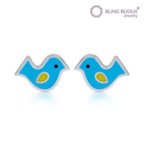 Bling Bijoux ต่างหูเงินแท้ 925 แบบก้าน รูปนกสีฟ้า สีสันสดใส น่ารักเรียบ
