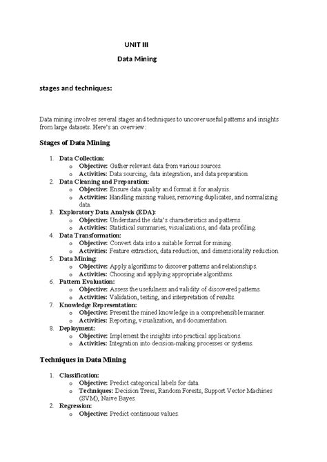 Unit Iii Advanced Databases And Miningvvvvvvvvvvvvvv Unit Iii Data Mining Stages And