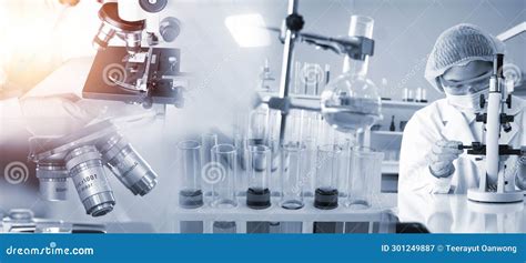Double Exposure Microscope And Young Woman Scientific Using Equipment In The Laboratory For