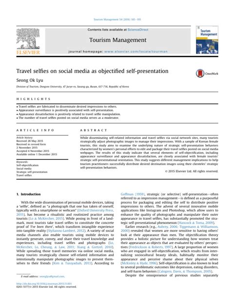 Travel Selfies On Social Media As Objectified Self Presentation Pdf