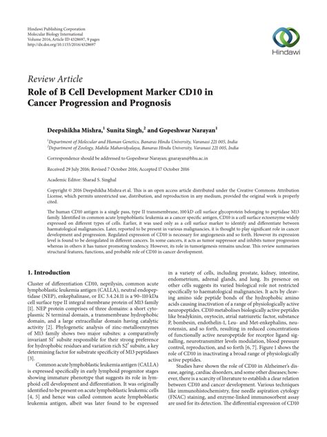 Pdf Role Of B Cell Development Marker Cd10 In Cancer Progression And