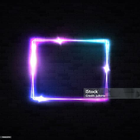 검은 벽돌 배경에 네온 사각형 레이저 벽 표시 밤 클럽 광고 디자인을 위한 전기 힘 빛나는 전구 기치 가벼운 선 네온 프레임