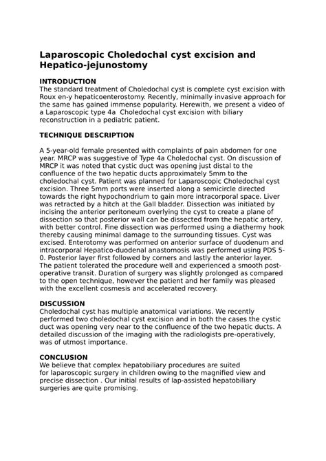Pdf Laparoscopic Choledochal Cyst Excision And Hepatico Jejunostomy