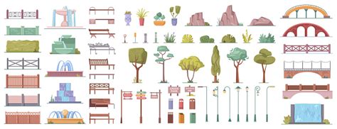 Éléments De Parc De La Ville Ensemble De Dessins Animés Darbres Et De