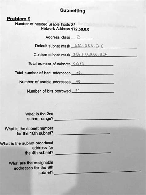 Subnetting Problem 9 Number Of Needed Usable Hosts 28 Network Address 1725000 Address Class