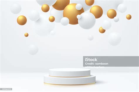 구체 공 또는 거품 비행이있는 사실적인 흰색과 금색 실린더 받침대 연단 3d 기하학적 형태가있는 벡터 추상 룸 모형 제품 쇼케이스 프로모션 디스플레이를위한 고급 미니멀 장면