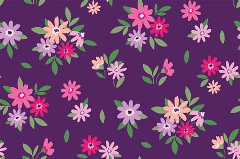 シームレスな花柄紫色の背景に小さな花を持つかわいいディッシープリントベクトル イラストレーションのベクターアート素材や画像を多数ご用意