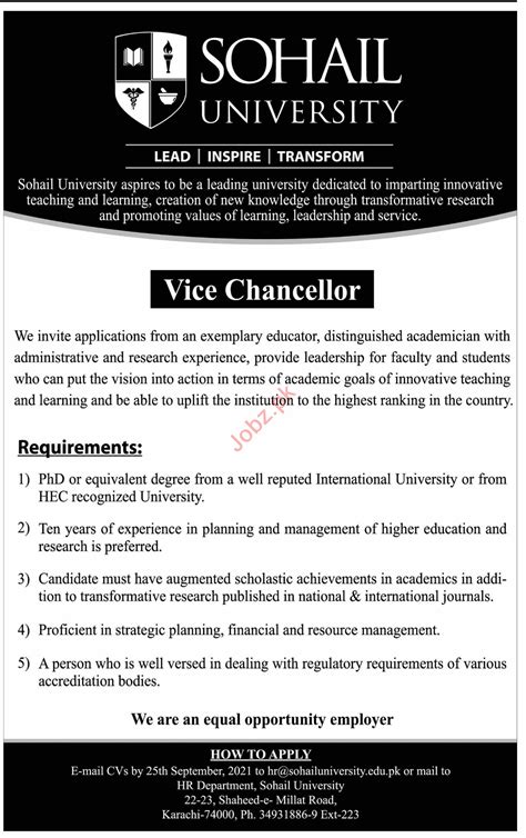 Sohail University Karachi Jobs 2021 For Vice Chancellor 2025 Job Advertisement Pakistan