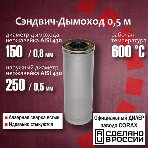 Труба утепленная Ф150х250, 0,5м (430 / 0,8мм - 430/0,5) 1 дымоход из ...