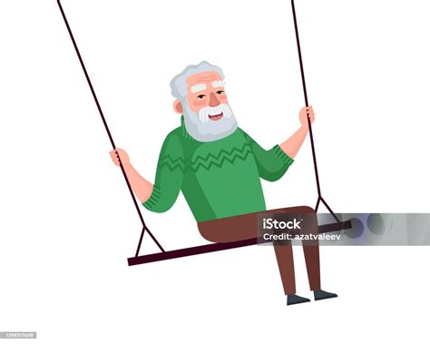 미소 짓는 스윙 할아버지 행복한 노인 남성이 긴장을 풀고 스윙을 타고 노인은 어린이 시소에 재미를 느낍니다 자유와 행복을 느끼는