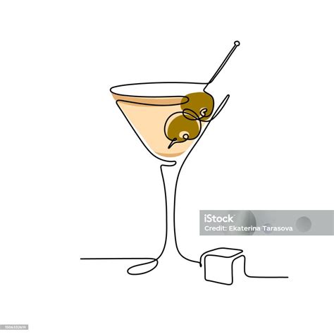 올리브를 곁들인 칵테일 마티니의 연속 선 그리기 알코올 음료의 실루엣 포장이나 벽 예술을 위한 유리의 그림 흰색 배경에 분리된