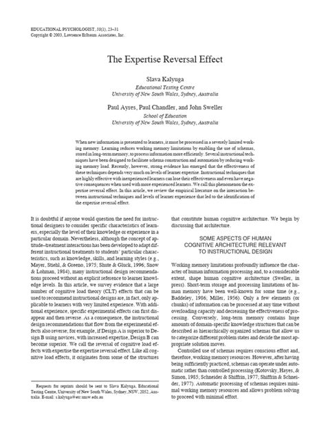 The Expertise Reversal Effect Pdf Expert Learning