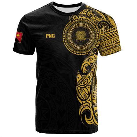 Papua New Guinea T Shirt Custom Polynesian Half Sleeve Gold Tattoo With